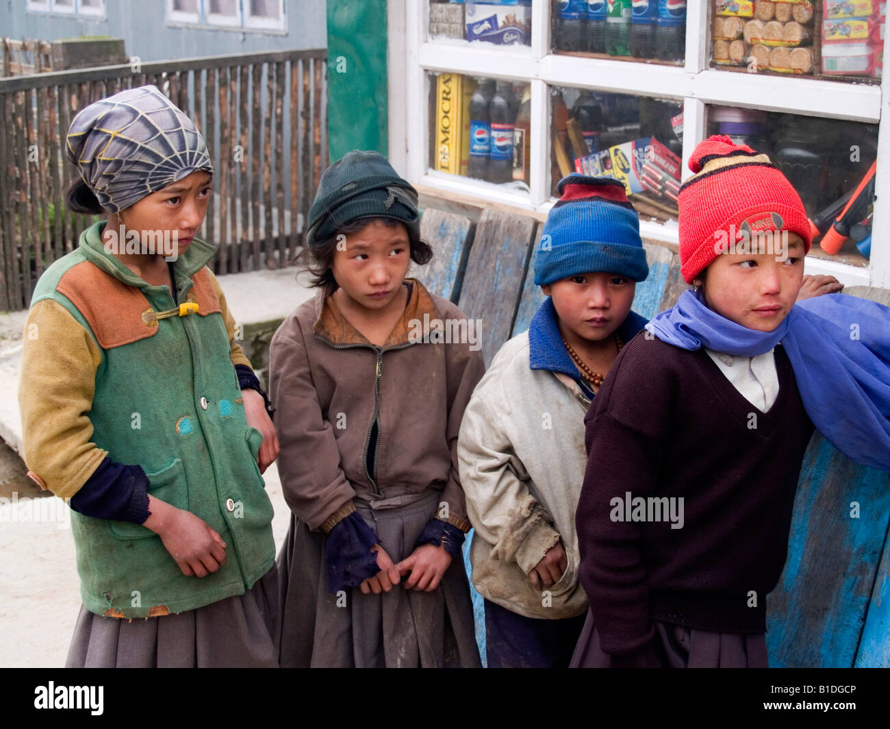 group of Nepali children bundled up in a village on the Singalila Ridge ...
