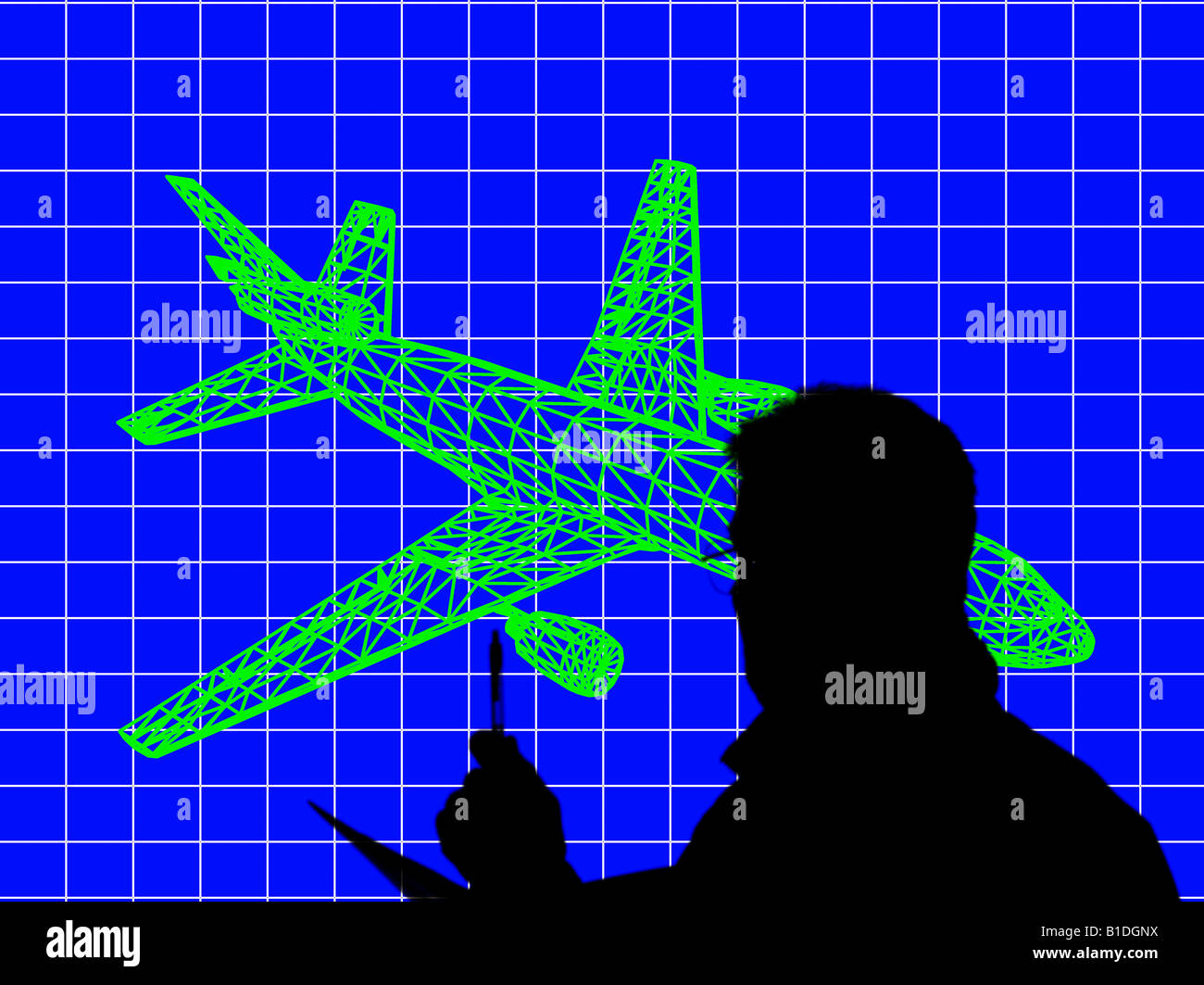 3D wire frame jet airplane image on monitor screen with engineering ...