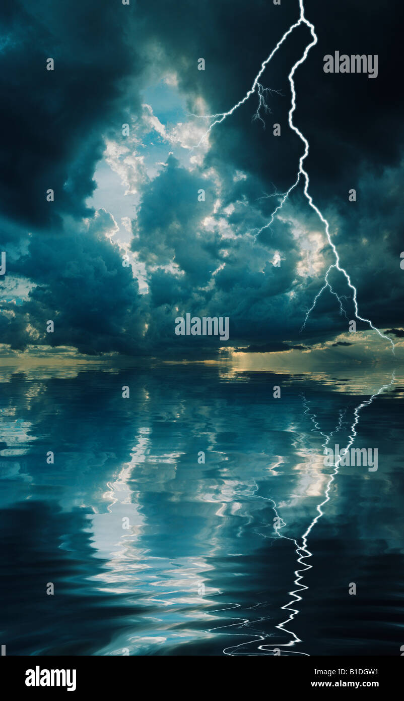 bolts of lightning over water reflection Stock Photo - Alamy