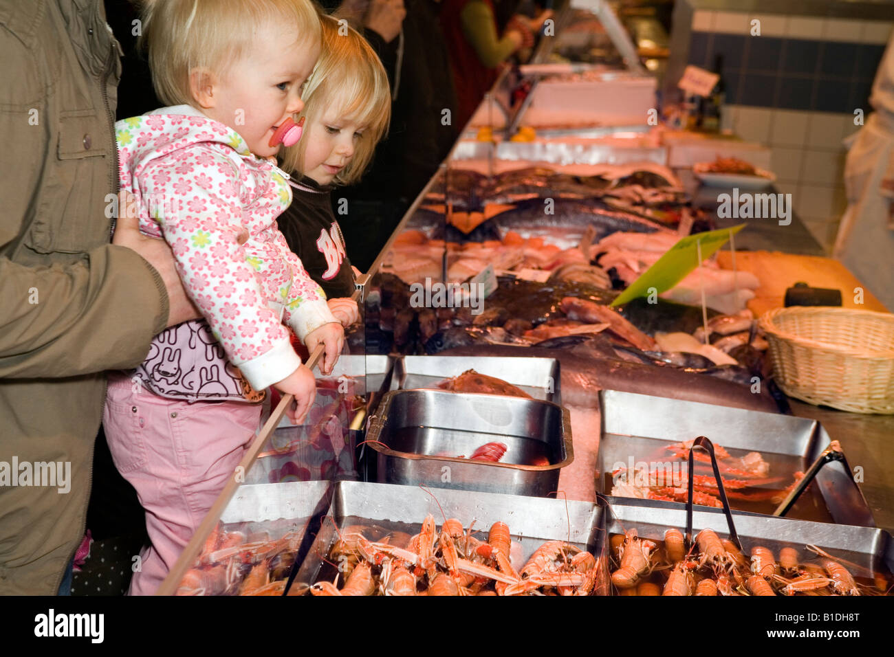 A baby boy and a girl watching displayed seafood at famous fish market ...