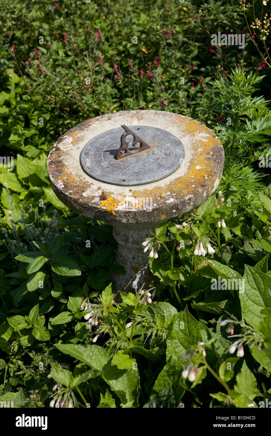 A garden ornament stone sundial set in a green leaf bed Stock Photo - Alamy