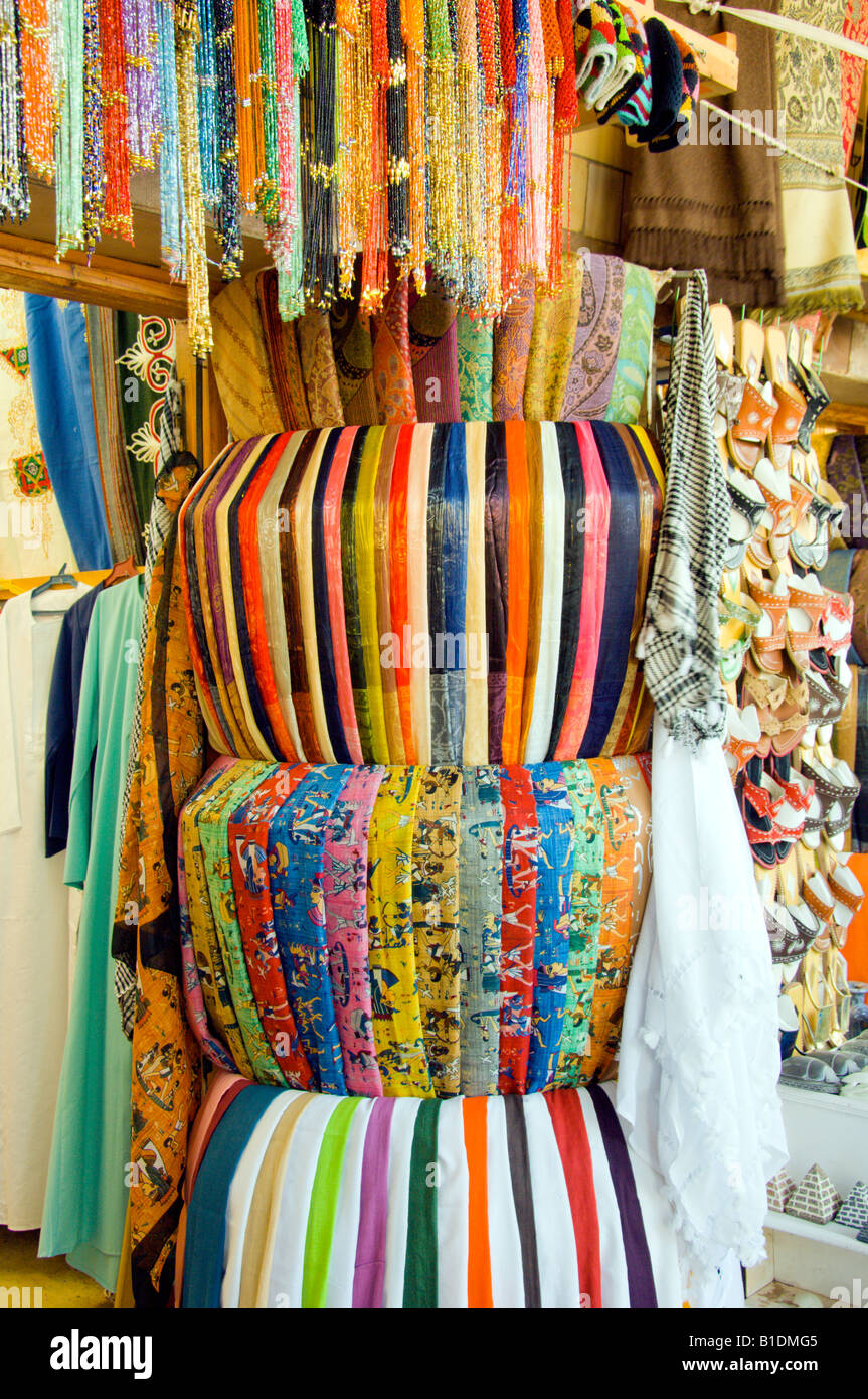 Egyptian textiles and cloth displayed in a tourist market shop at Abu ...