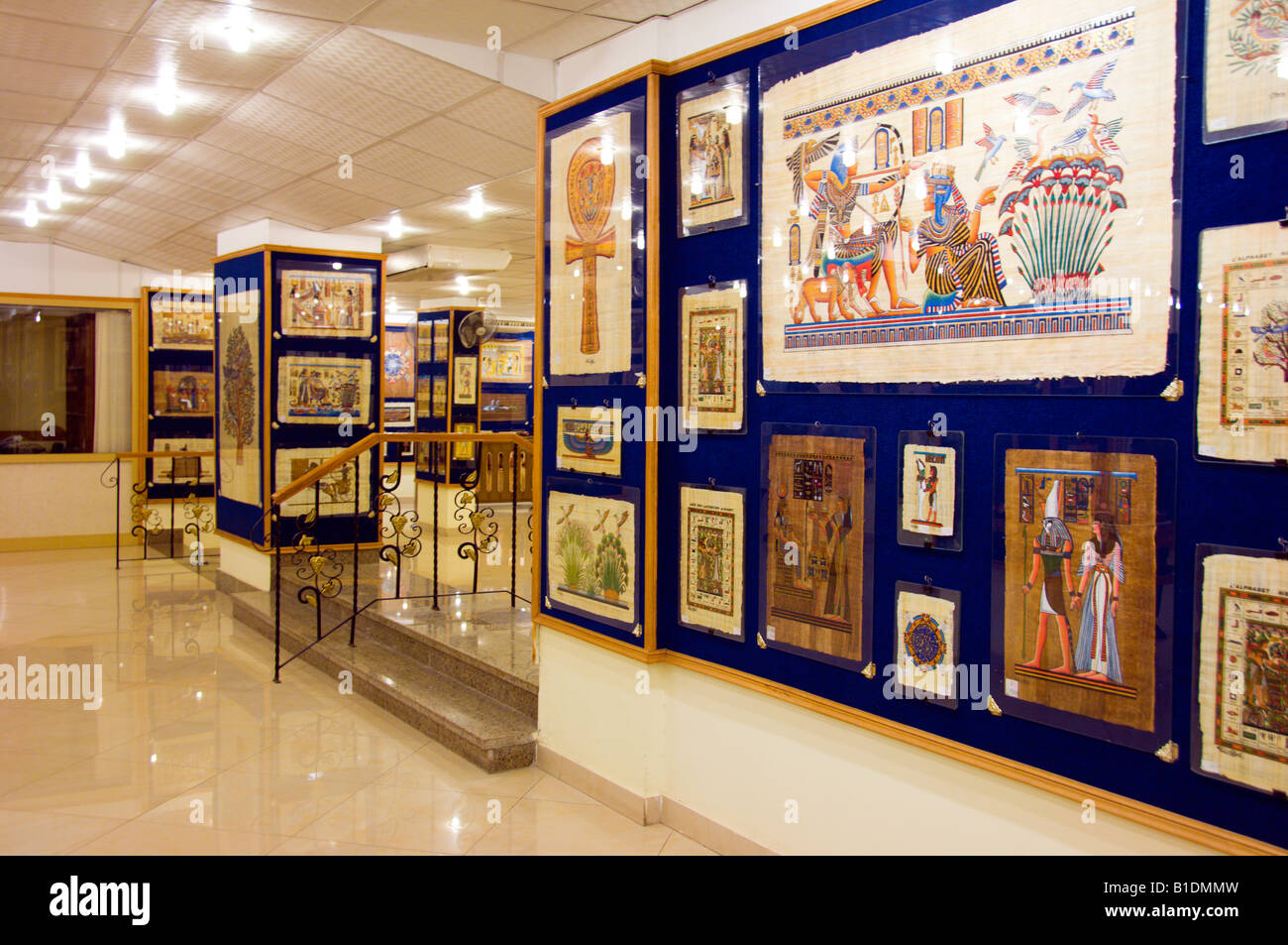 A display of papyrus art at a papyrus factory in Aswan Egypt Stock ...