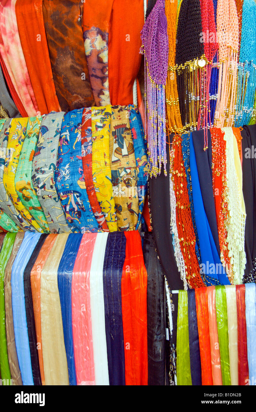Egyptian textiles and cloth displayed in a tourist market shop in Abu ...