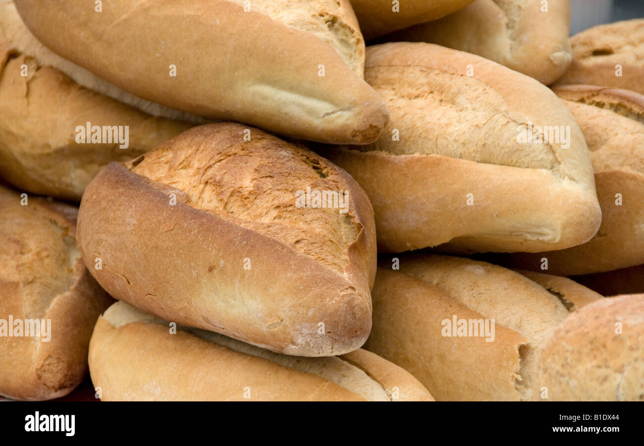 Loaves of fresh bread on display at Food Fair Derbyshire England UK ...