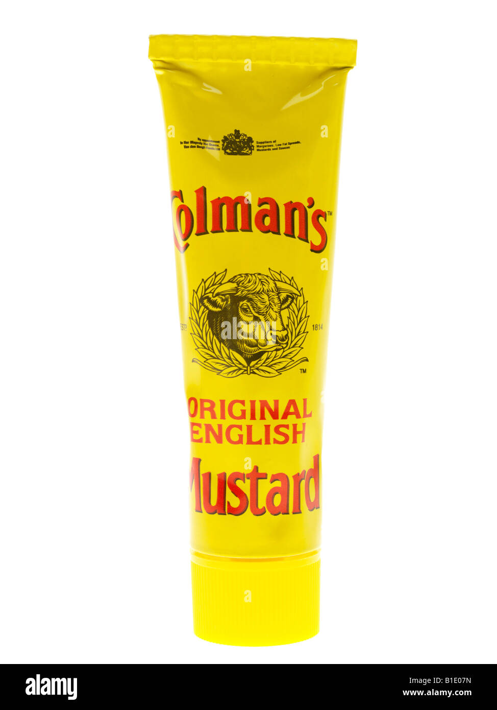 Tube Of Traditional Spicy Yellow English Mustard Isolated Against A White Background With No