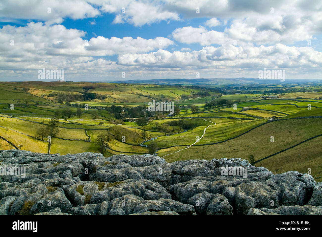Malham Village as seen from the top of Malham Cove, North Yorkshire ...