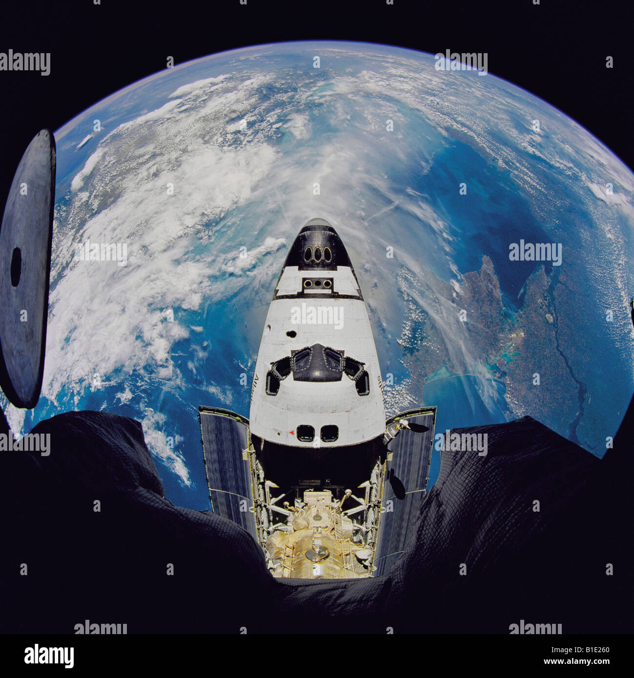 Fish-eye view of the NASA Space Shuttle Atlantis as seen from the ...