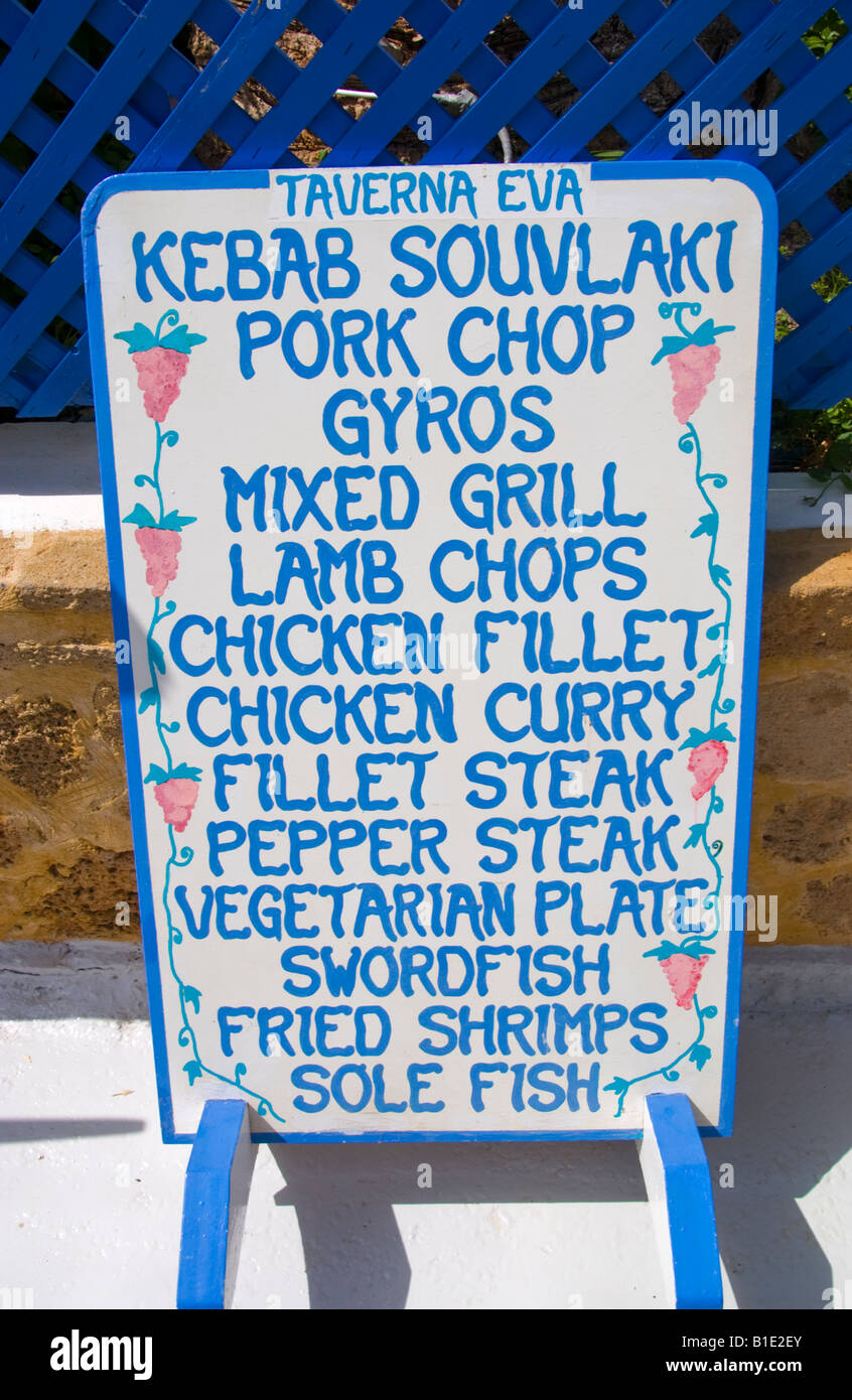 Display board with traditional Greek food outside Taverna Eva in Malia ...