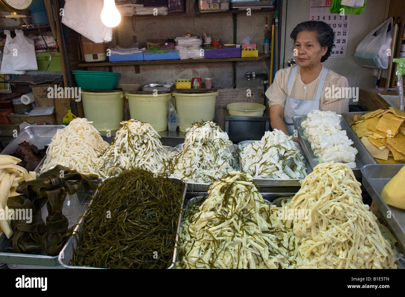 Japanese Seafood and Seaweed products on a Market Stall with Market ...