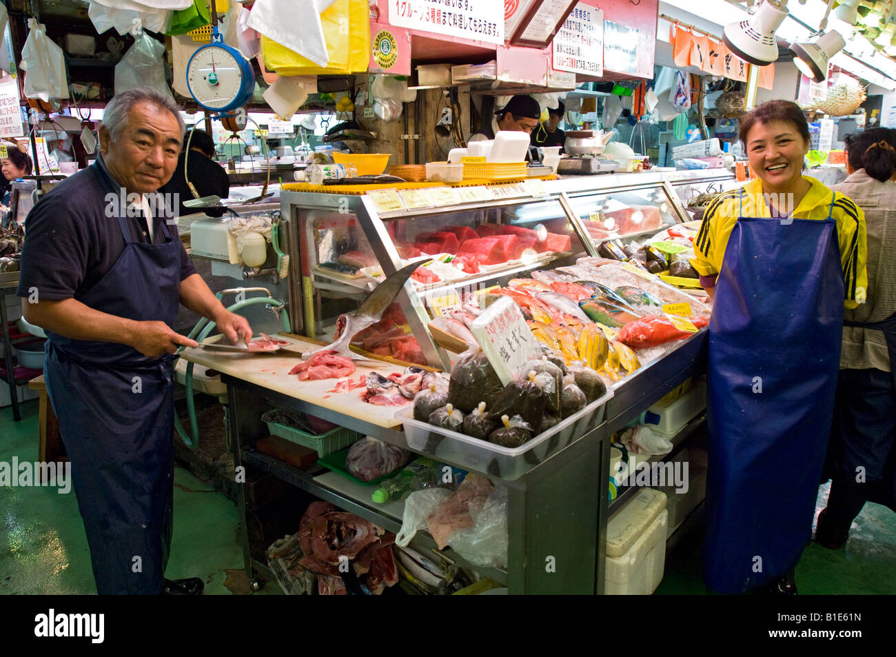 Fresh Seafood on a Market Stall with Market Traders. Makishi Public ...