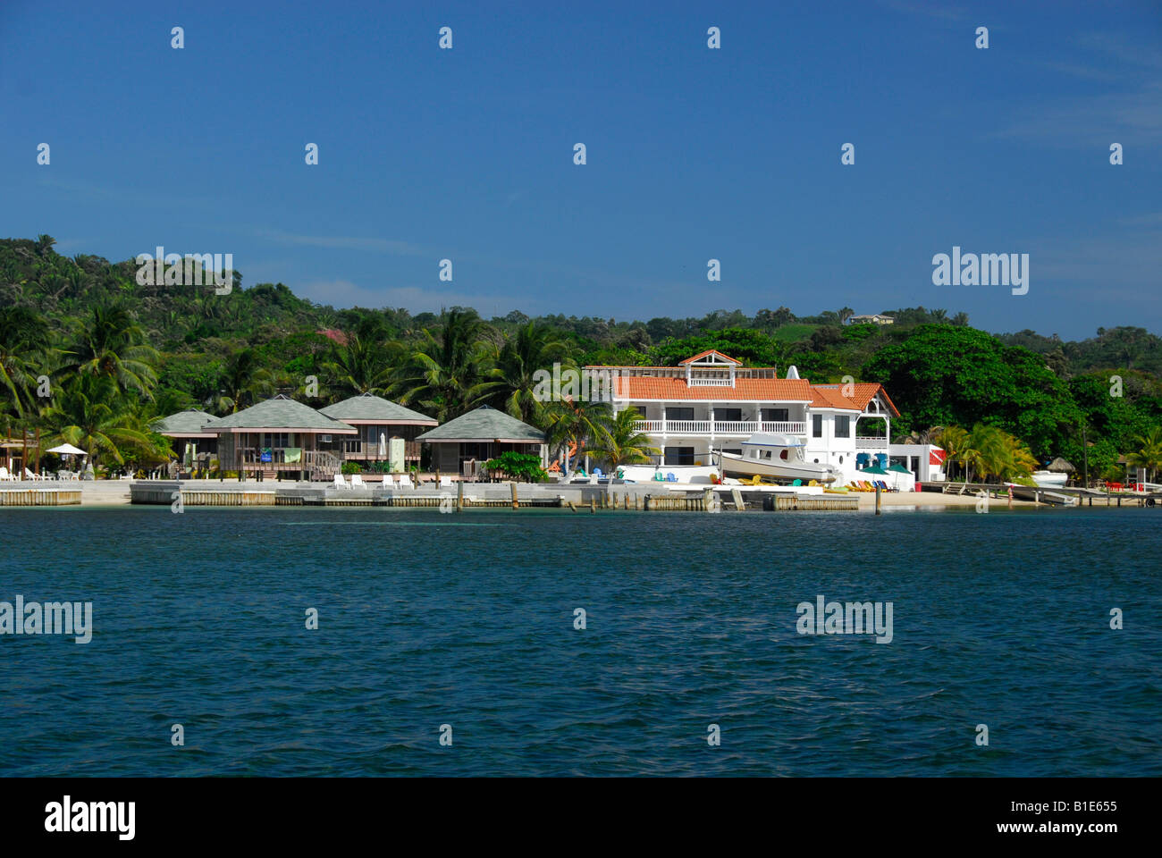Resort area as seen from the sea in West End, West Bay on Roatan Island ...