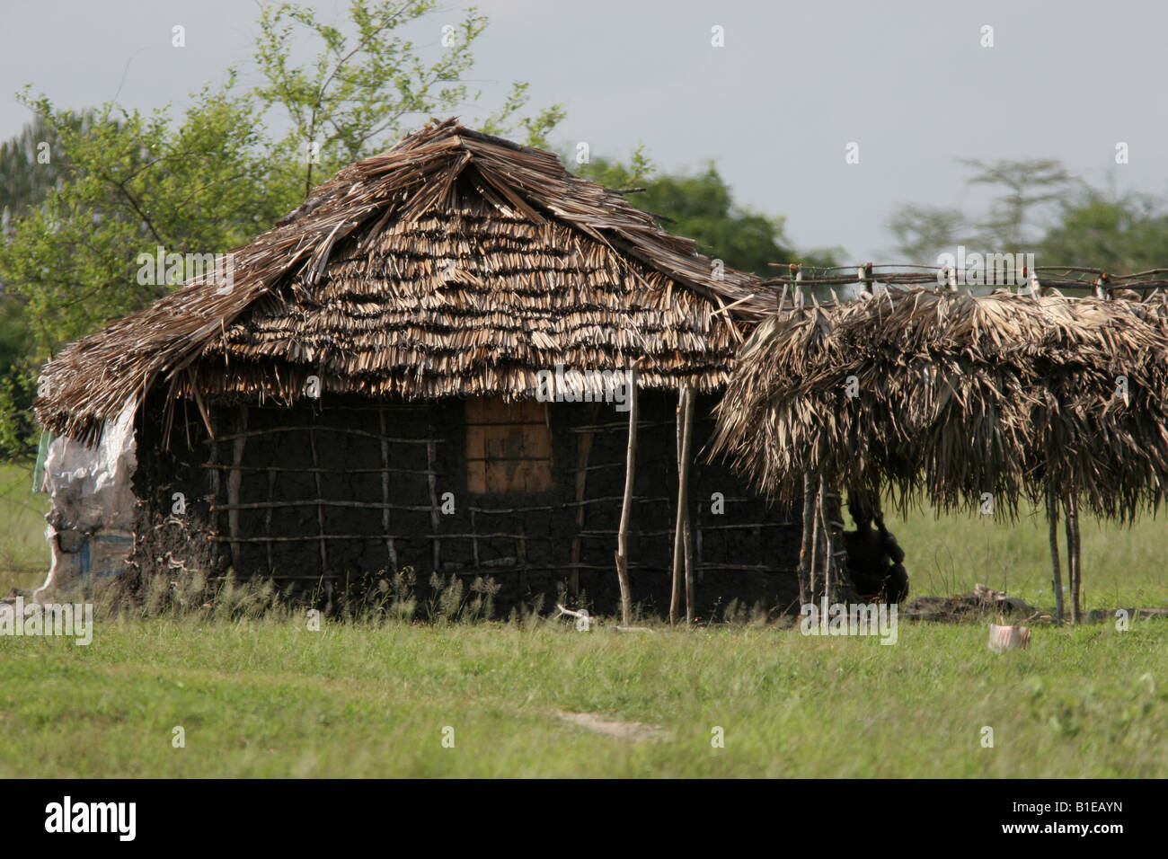 Tanzania village grass mud hut Stock Photo - Alamy