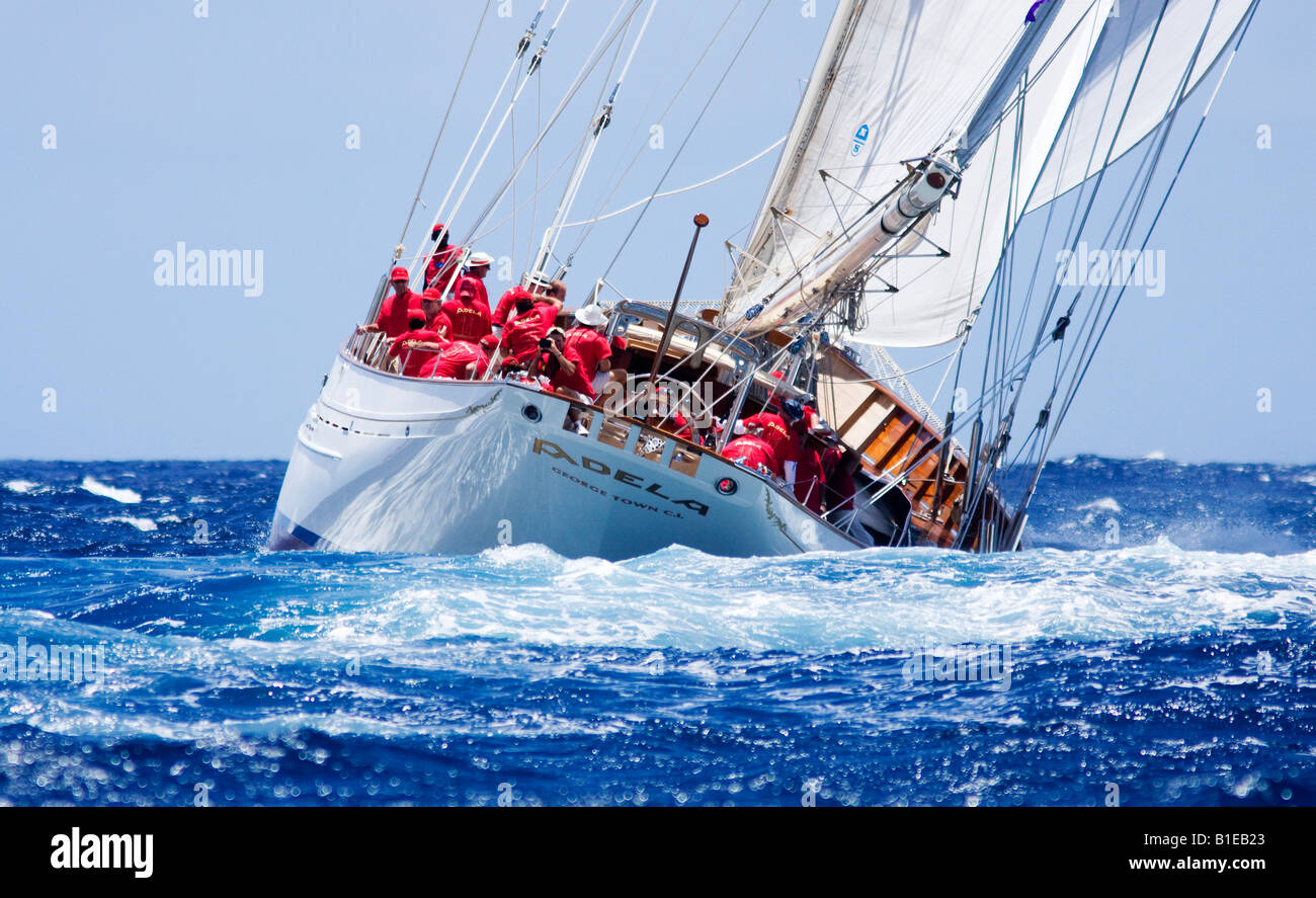 The schooner yacht SY Adela, heeled over , powering up wind at the 2008 ...