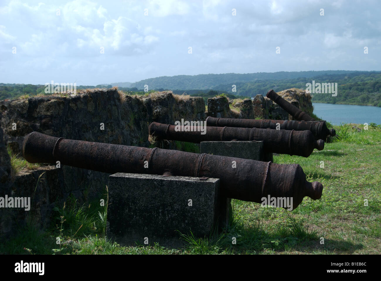 Ancient cannons sit on an old historic Spanish colonial fort near ...