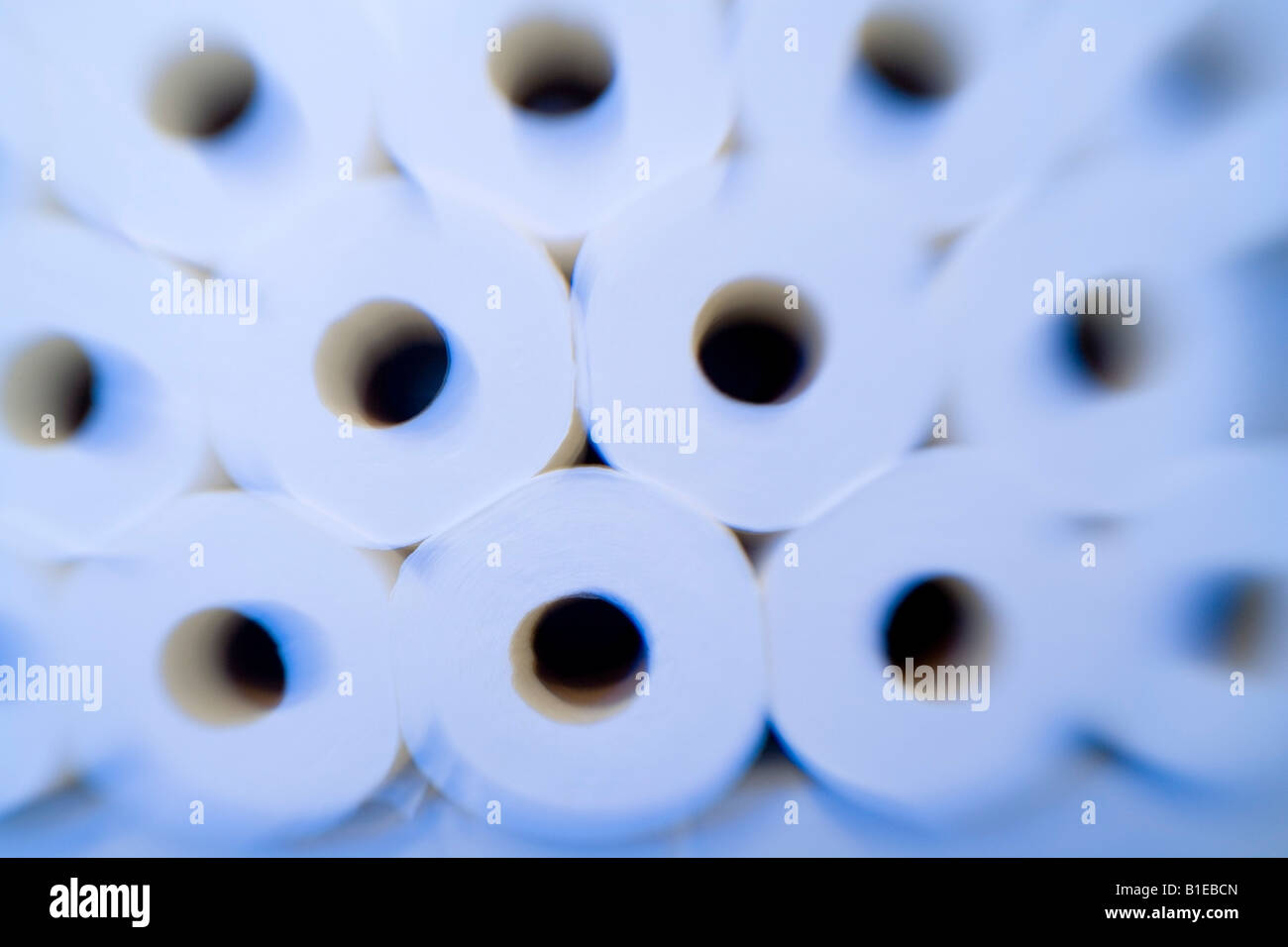 Close up view of ends of toilet paper rolls stacked together Alaska ...