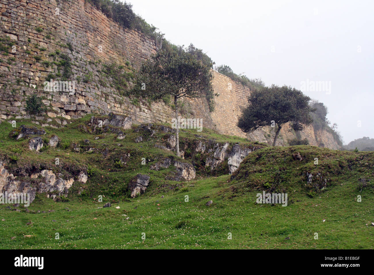 The 600 meter long stone walls of the ruins of the Chachapoyan city of ...