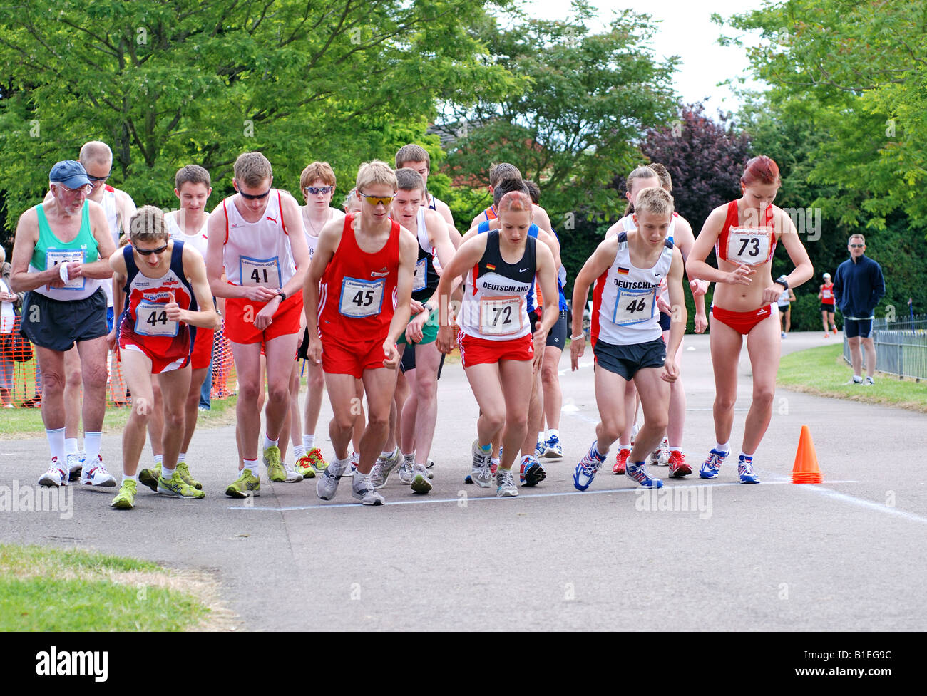 Race walkers at start of race Leamington Spa, England, UK Stock Photo ...