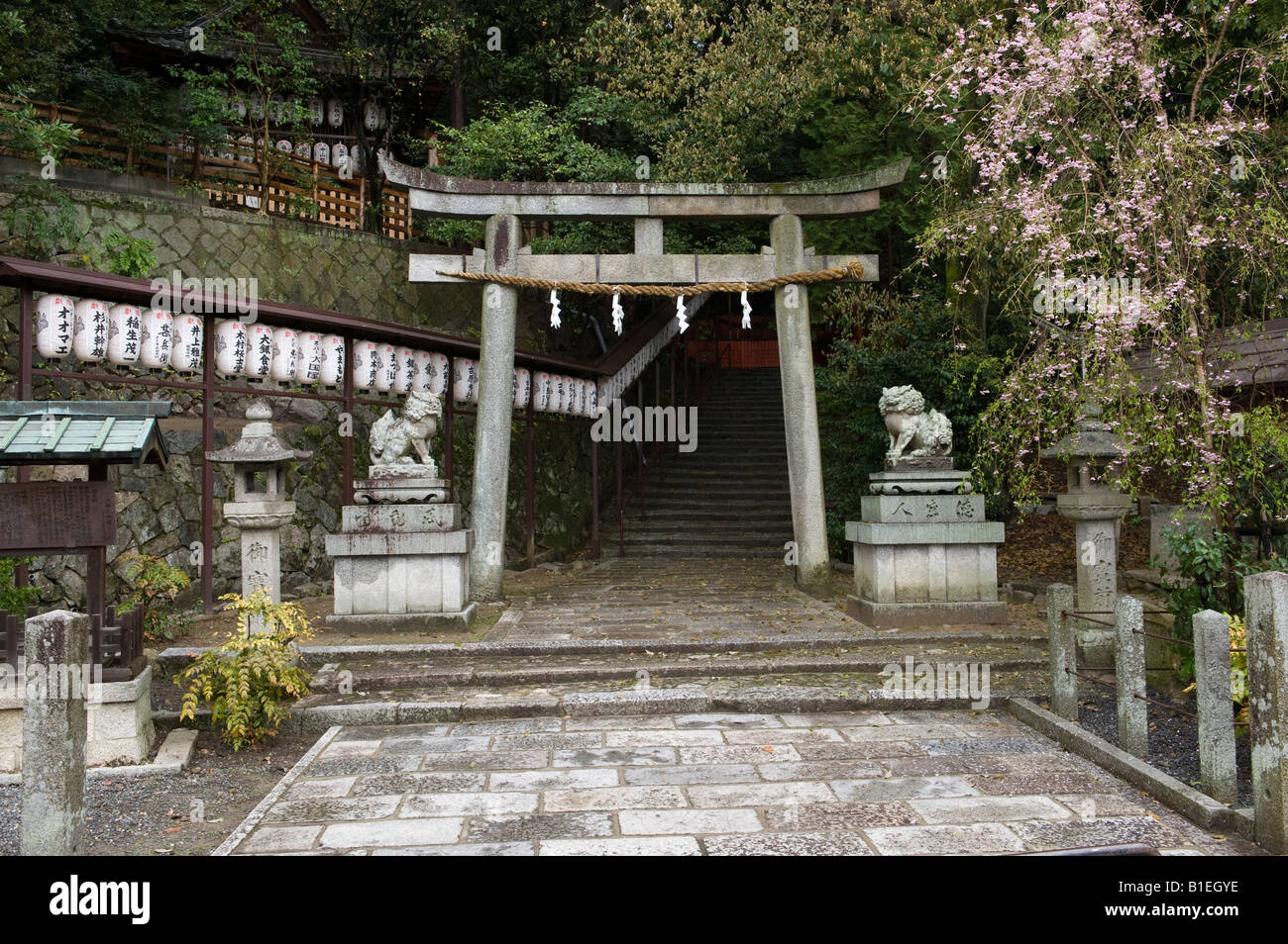 Kyoto, Japan. The entrance to a Shinto shrine, through a torii gate ...