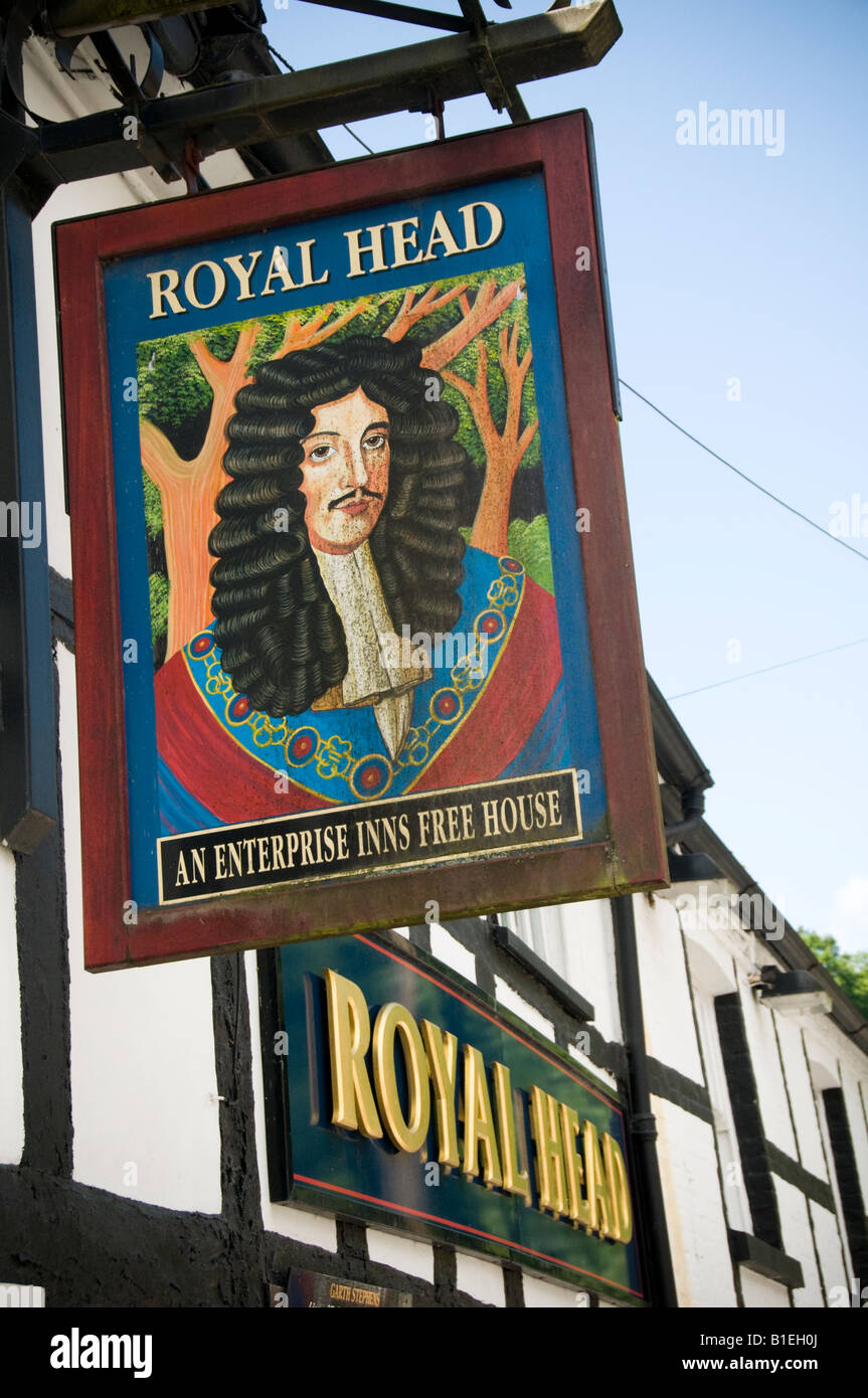 The Royal Head pub sign showing Charles I portrait Llanidloes Powys mid ...