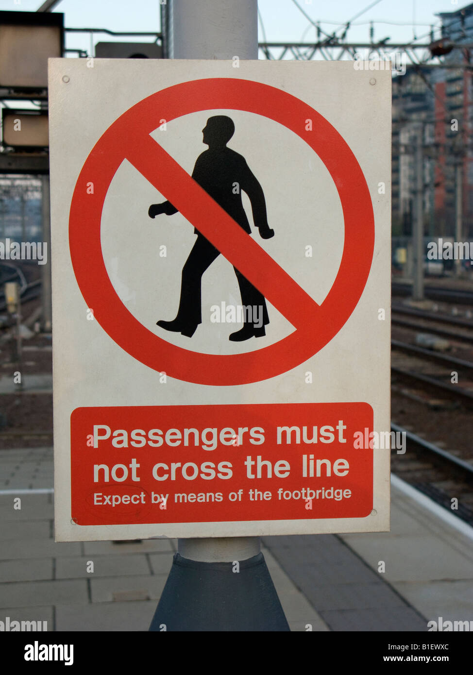 Railway warning sign at Leeds railway station , UK Stock Photo - Alamy