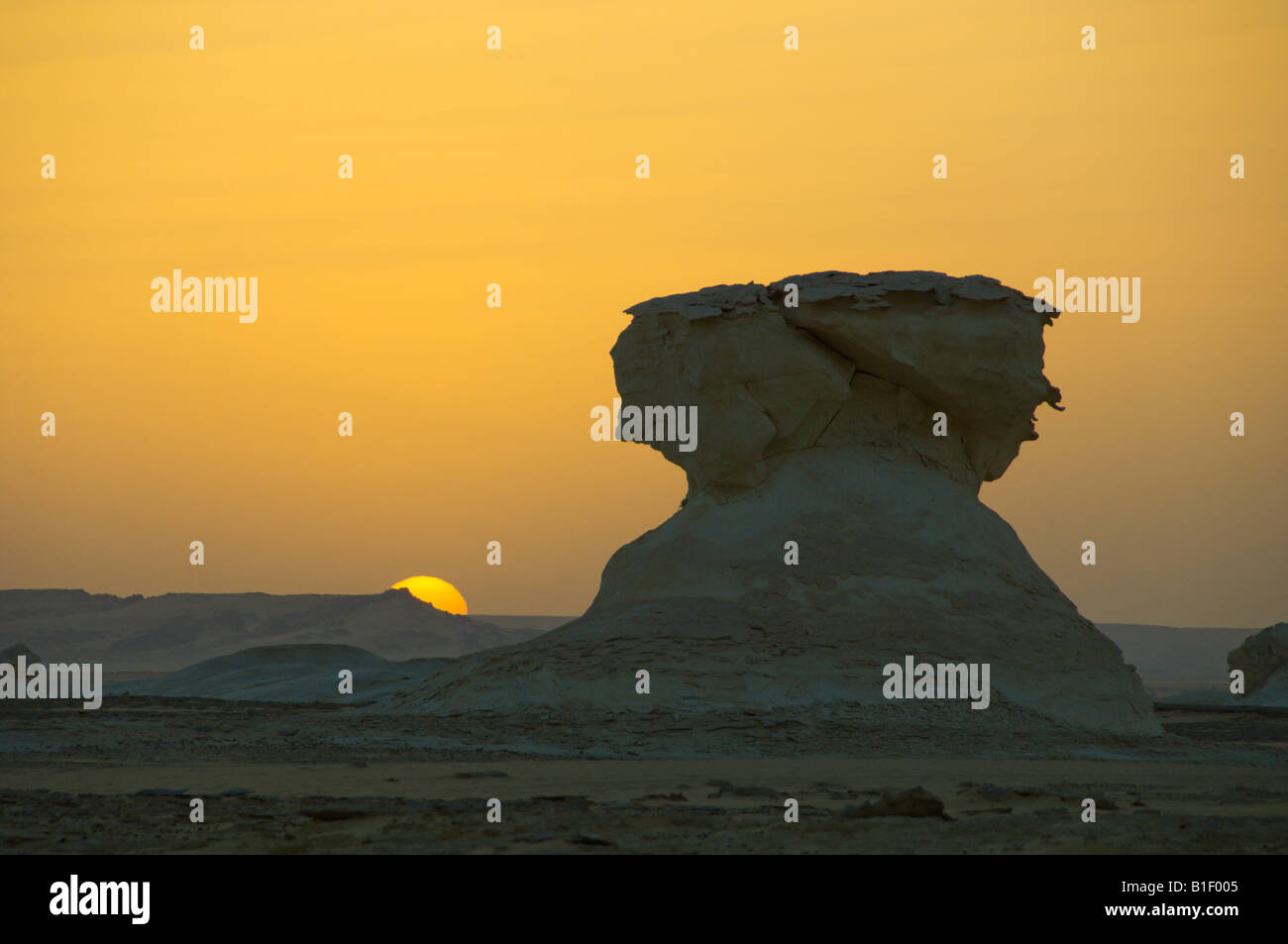 Gypsum shaped formation in silhouette in the White Desert at sunset in ...