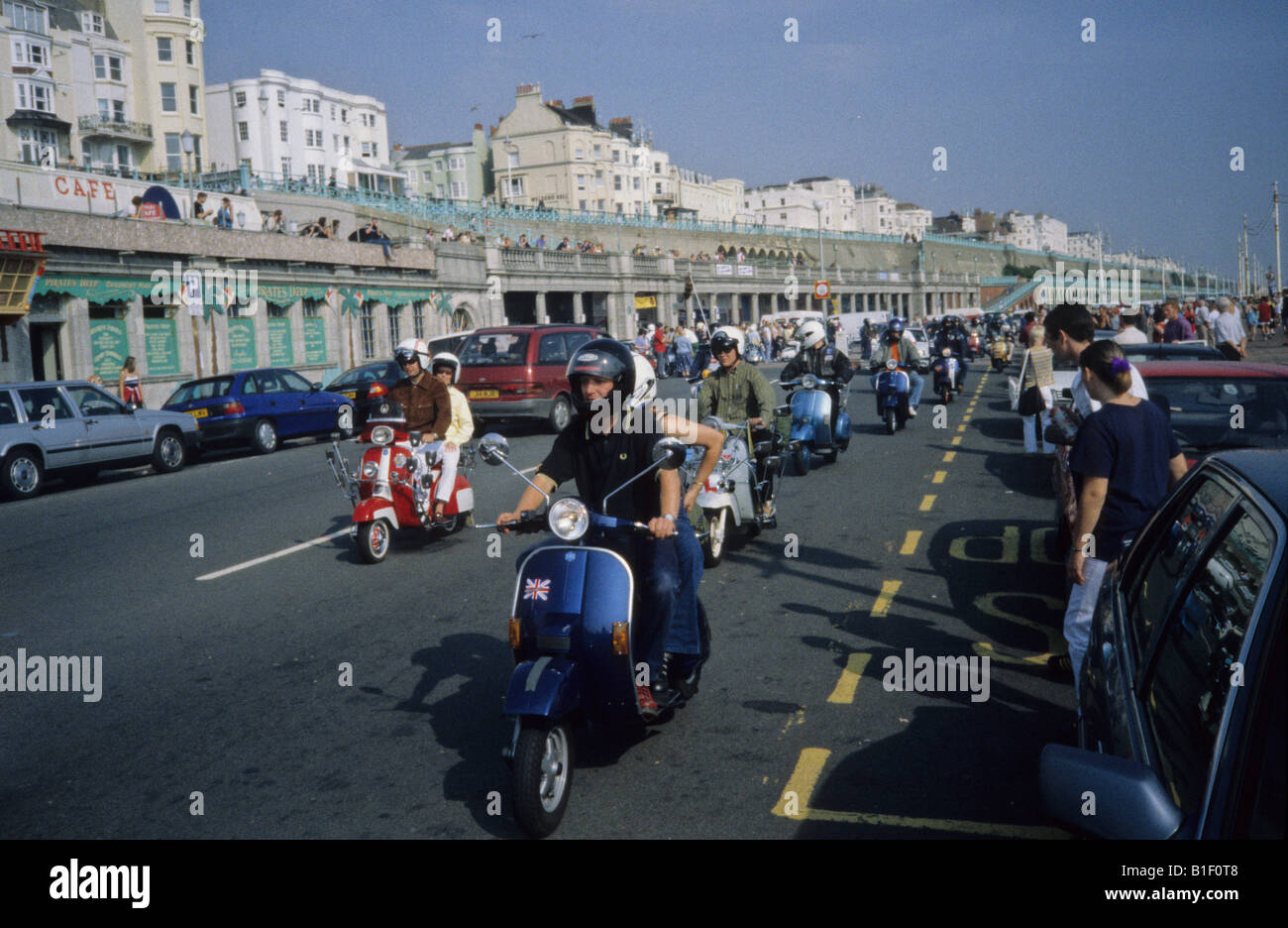 Mods with scooters, Brighton promenade, East Sussex, England Stock ...