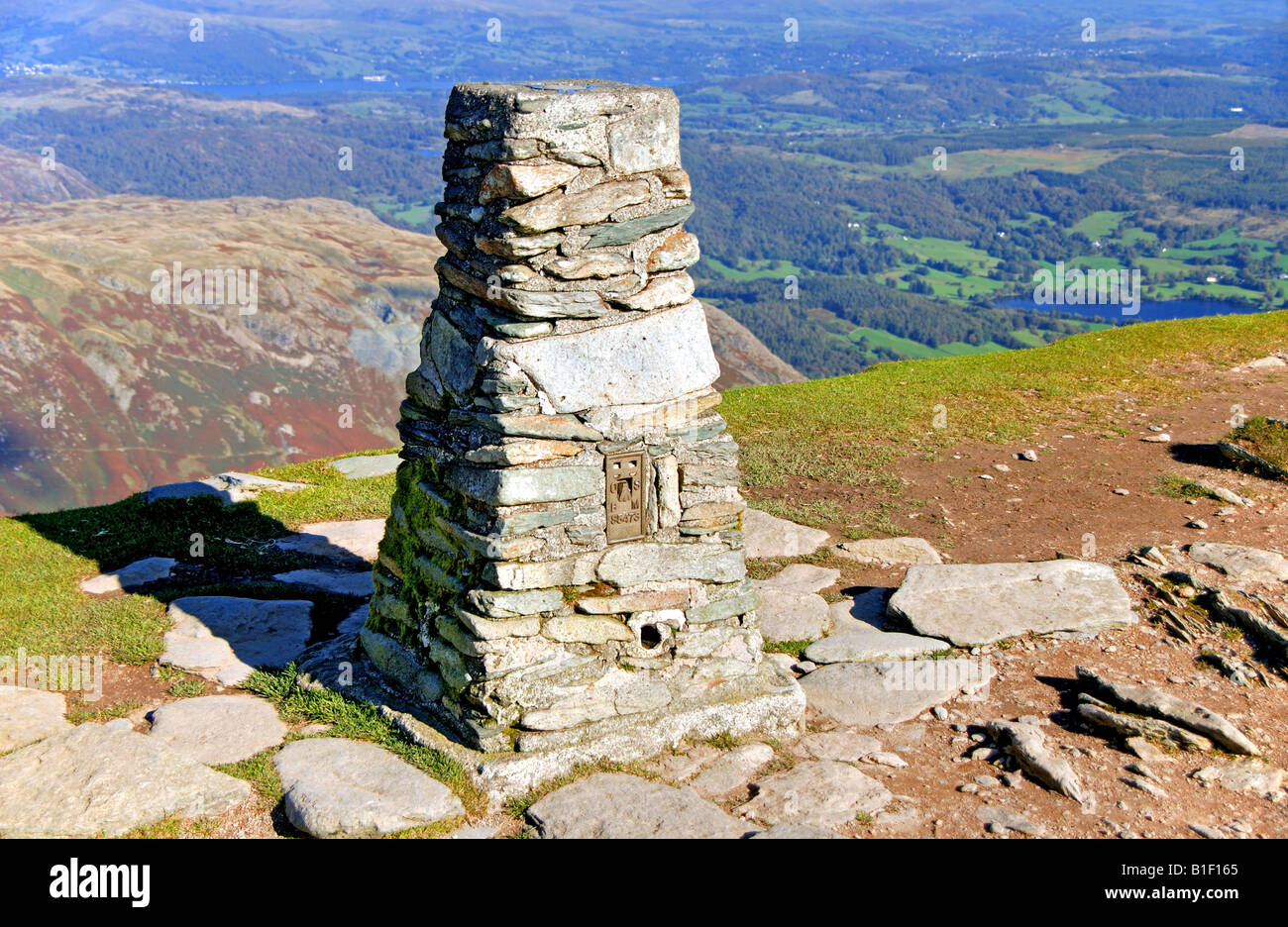 Survey Column on the Summit of The Old Man of Coniston Stock Photo - Alamy