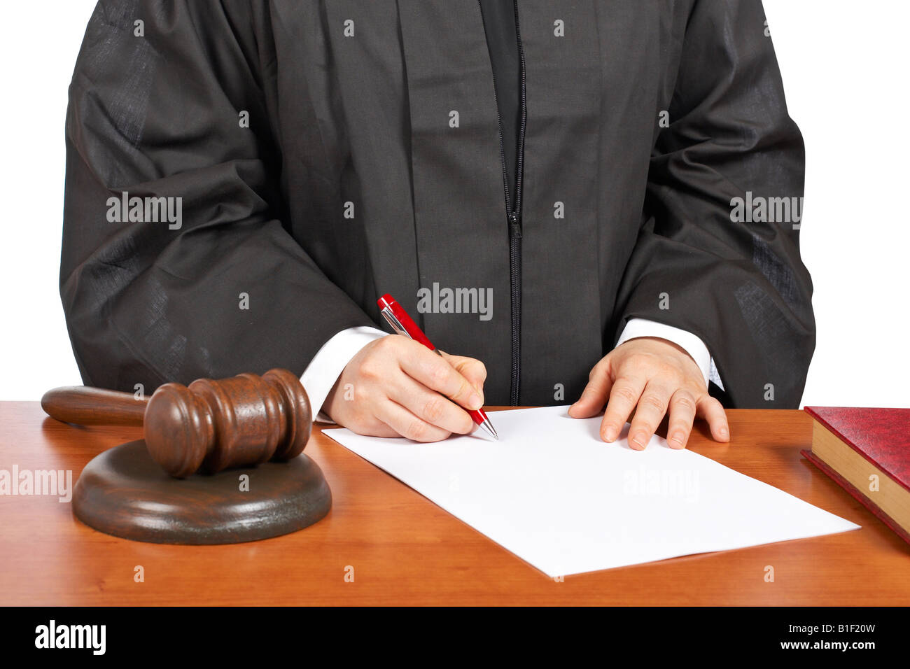 A female judge sign to blank court order over a white background ...