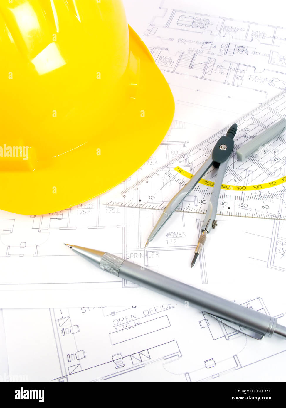 Building projects with architect drawing and protective tools Stock ...