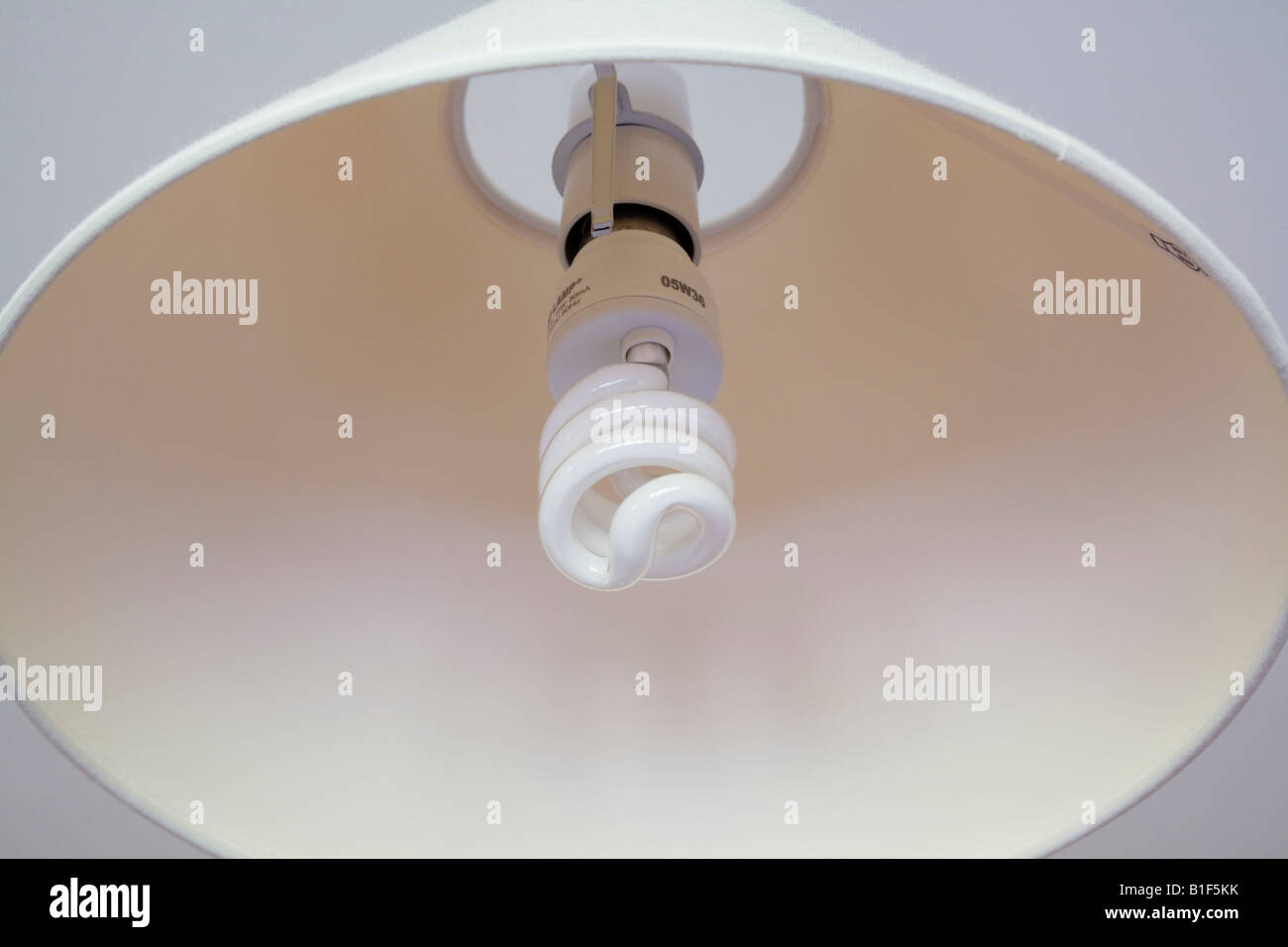 Energy efficient light bulb in ceiling lamp with lampshade Britain UK ...