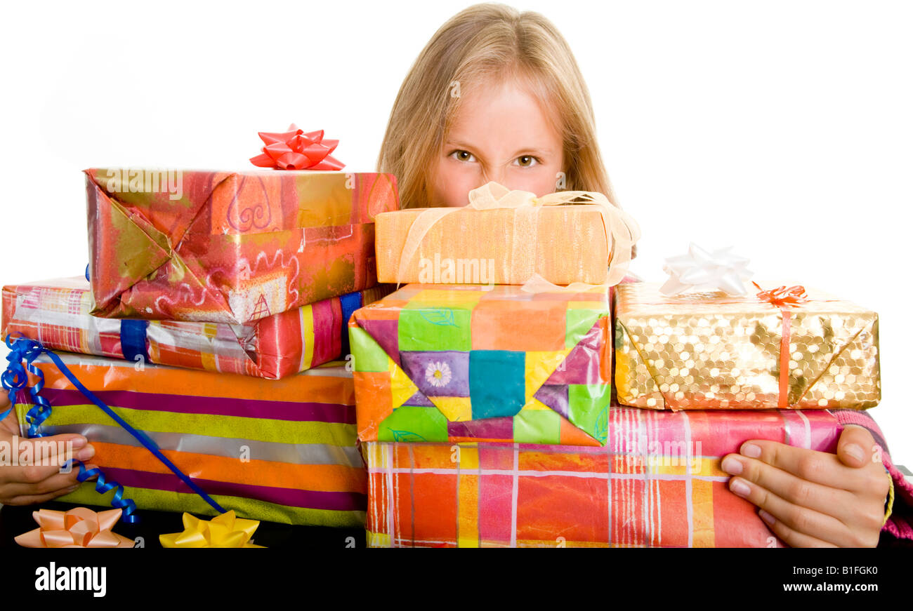 young blond girl gets gifts at her birthday Stock Photo - Alamy