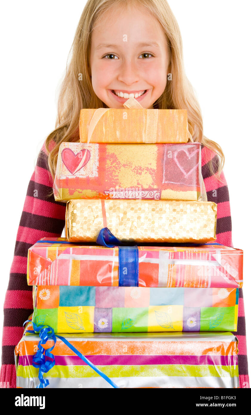young blond girl gets gifts at her birthday Stock Photo - Alamy