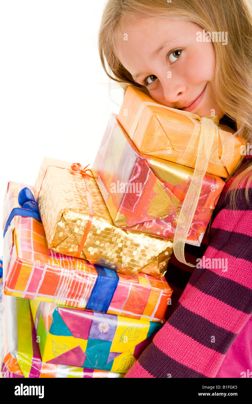 young blond girl gets gifts at her birthday Stock Photo - Alamy