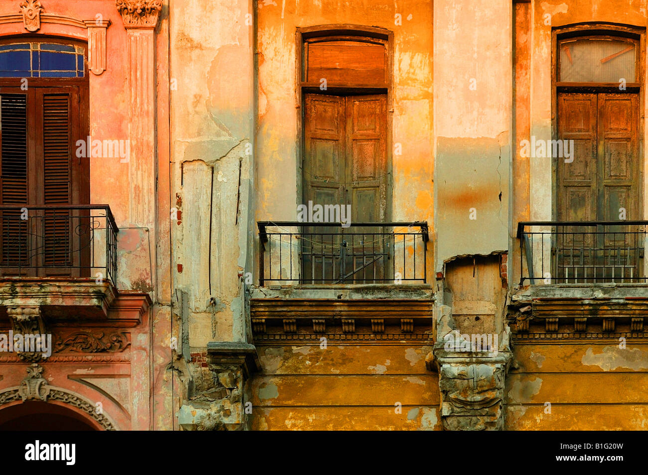 Crumbling facades of Spanish colonial buildings in Havana Cuba Stock ...