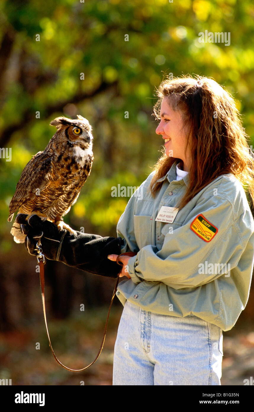 Female naturalist holding Great Horned Owl At Hawk Mountain Sanctuary ...