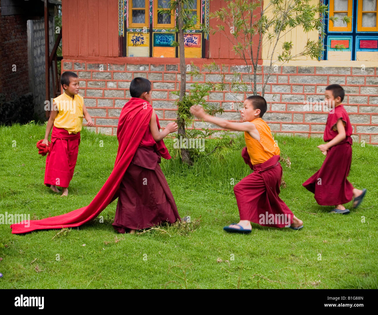 young monks playfighting at the Phodong Monastery in Sikkim Stock Photo ...