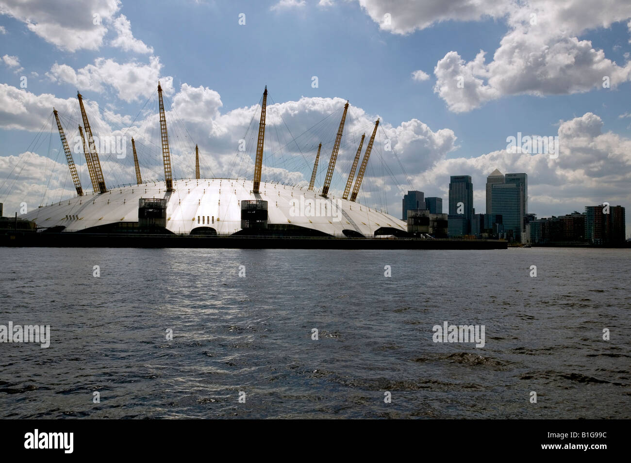 O2 Centre London from the river Thames with Canarey warf in the ...