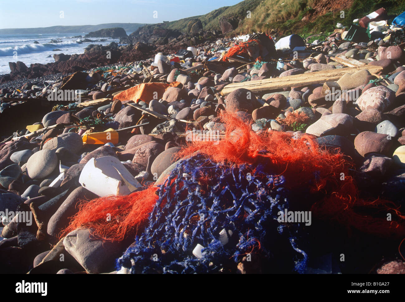 Strandline debris beach pollution Freshwater West Pembrokeshire Stock ...
