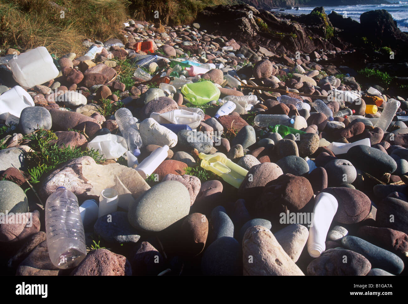 Strandline debris beach pollution Freshwater West Pembrokeshire Stock ...