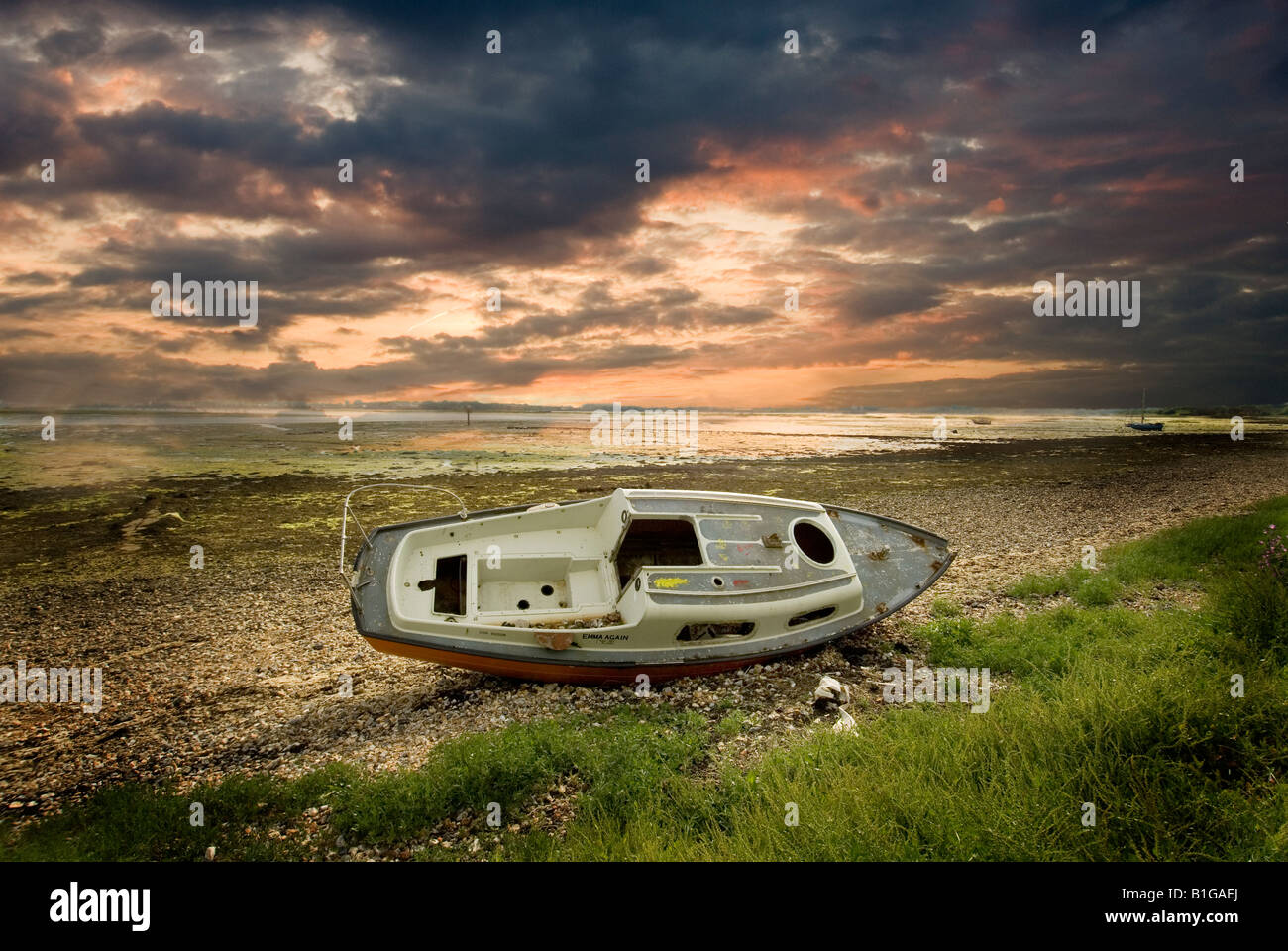yacht wreck washed up on the shore Stock Photo - Alamy