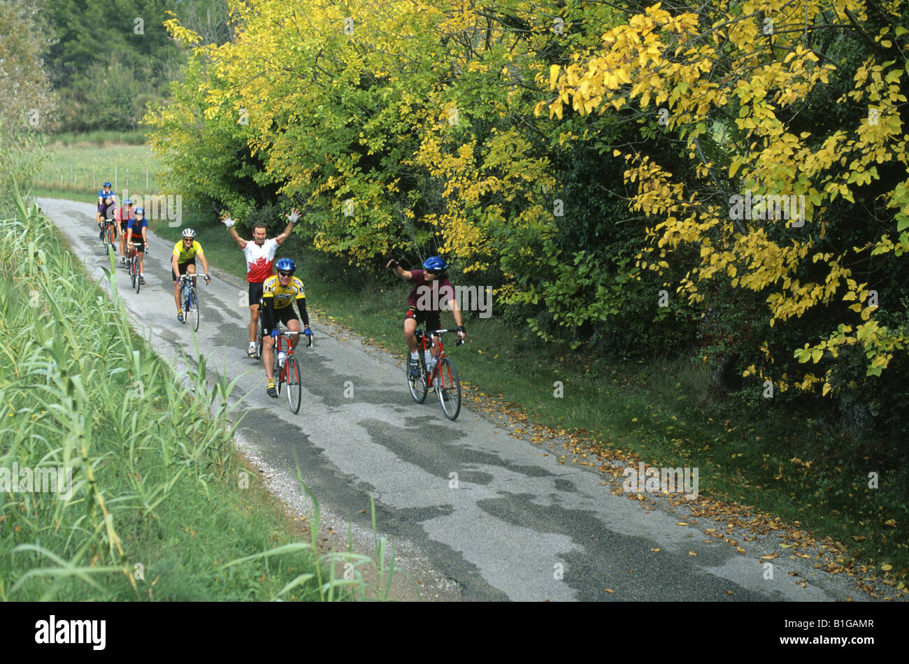 Group of cyclists on rural road in Provence France Stock Photo - Alamy