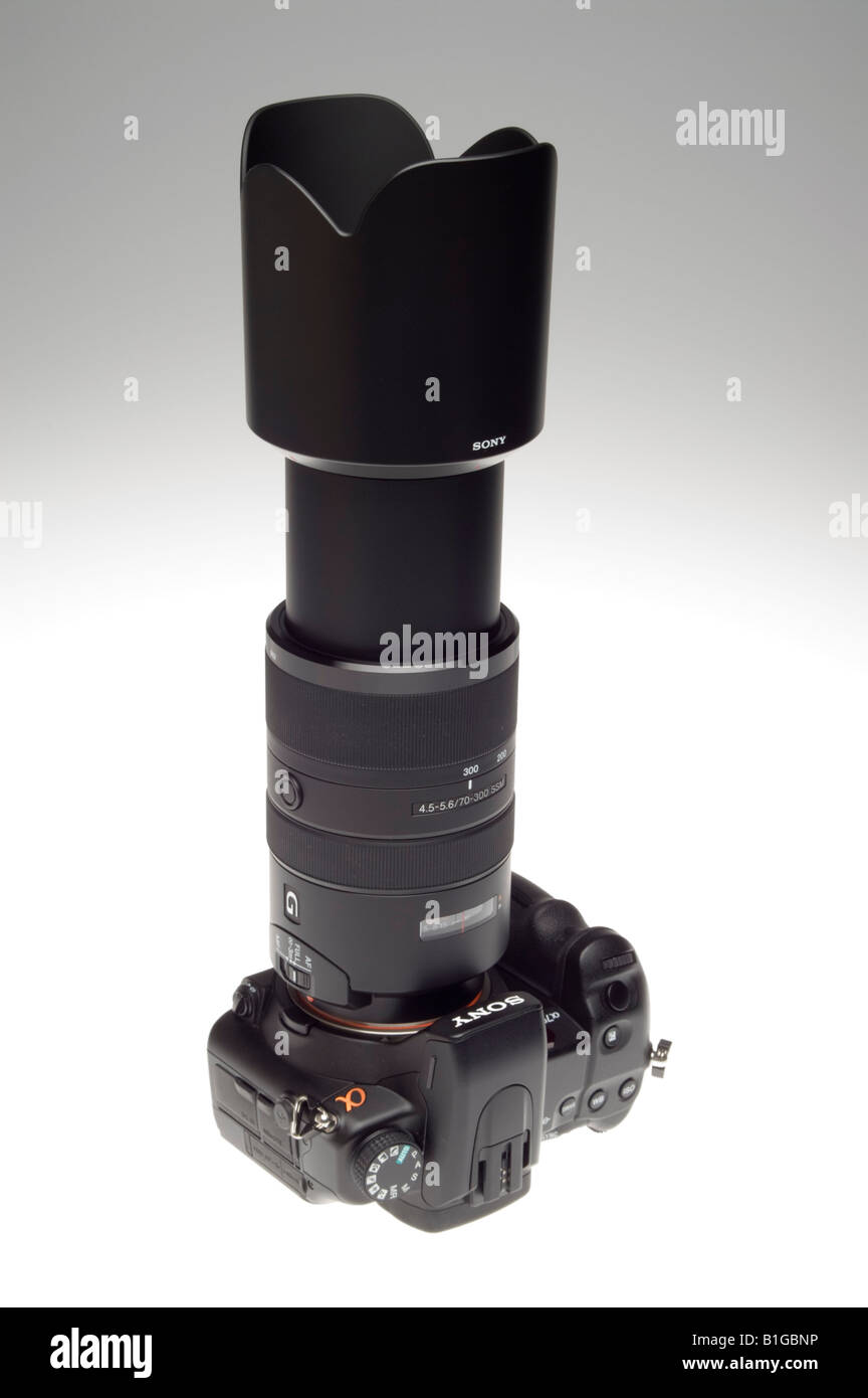 Long telephoto zoom lens on camera vertical composition in studio Sony ...