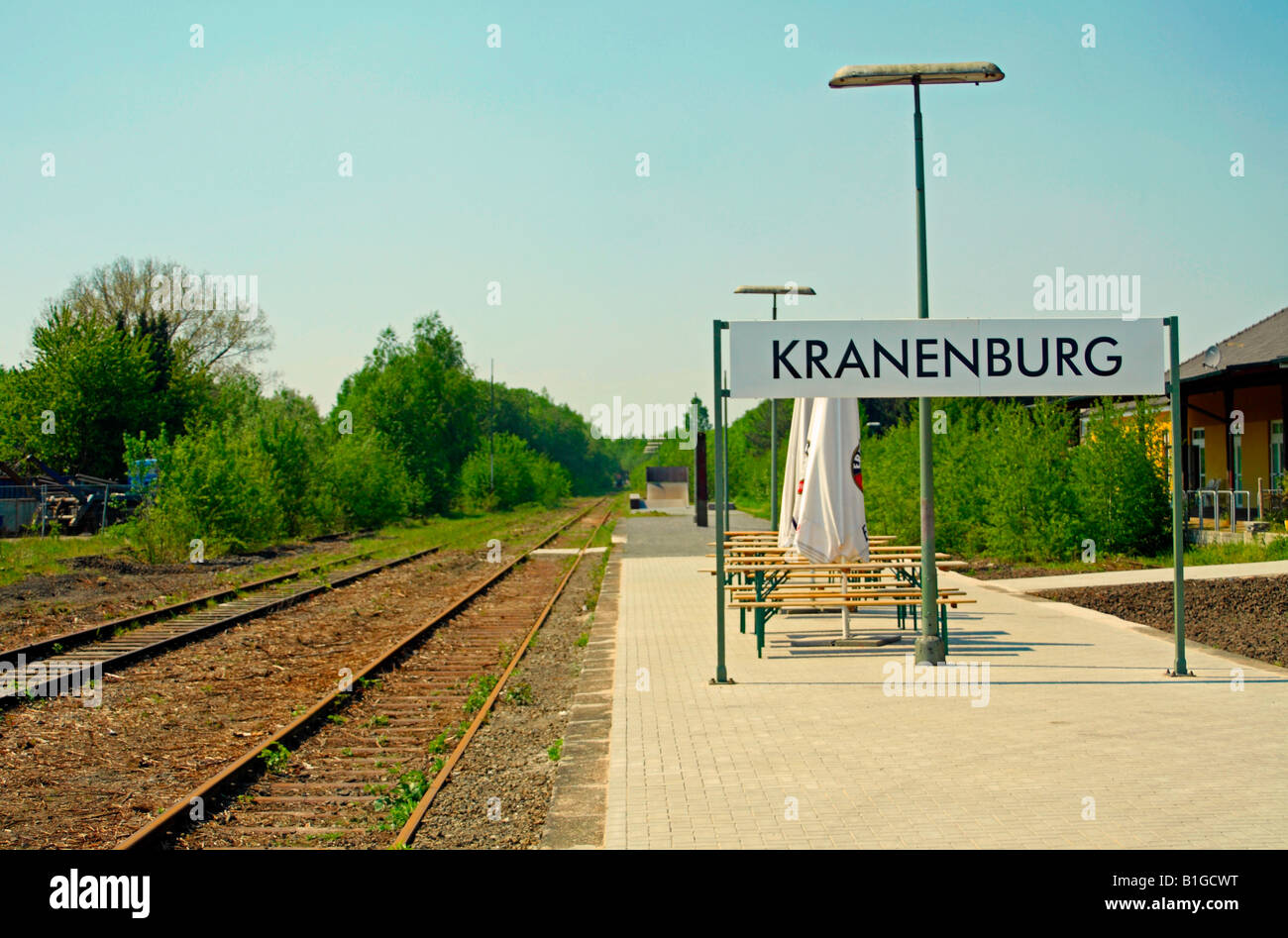 Track and sign at Kranenberg railway station Germany, near Dutch border ...