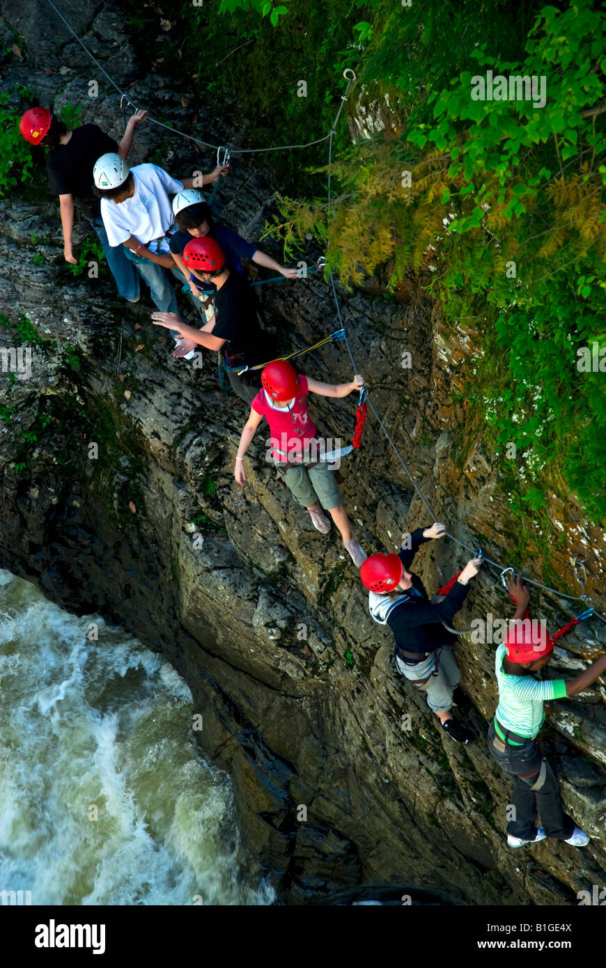 Via Ferrata activity in a Water Canyon, region of Quebec, Canada Stock ...