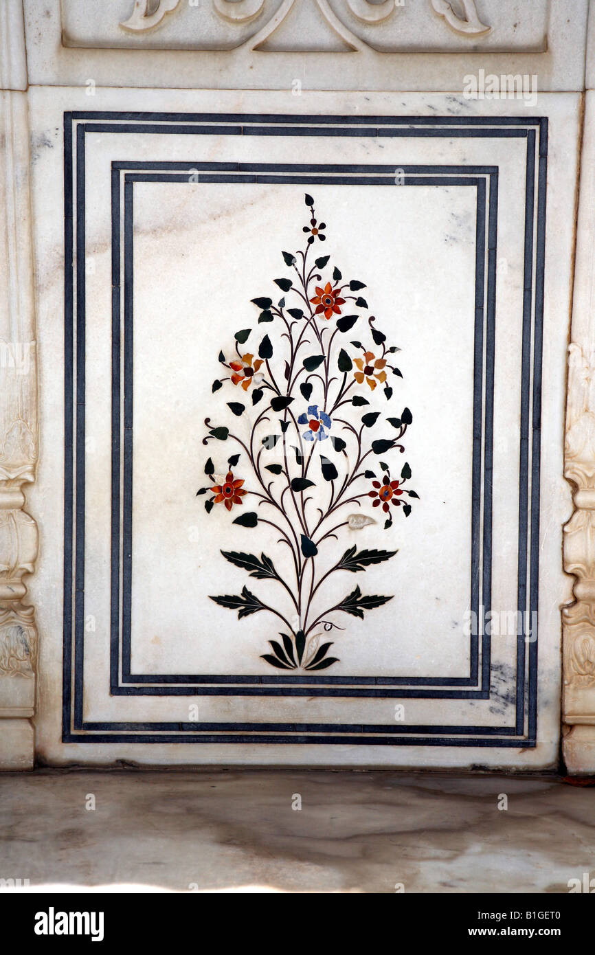 An inlaid marble floral motif decorating the palace inside the Red Fort ...