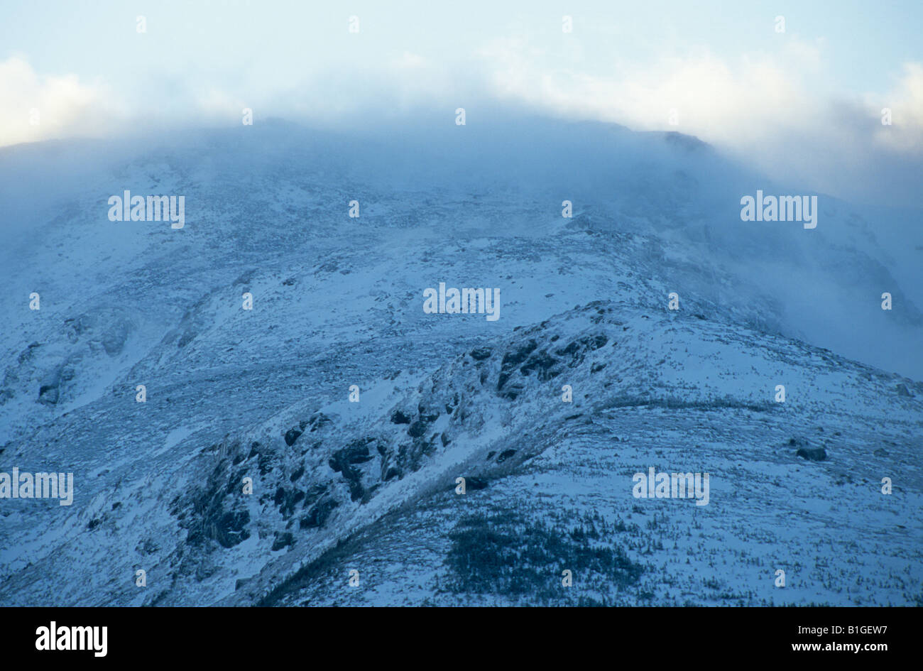 New Hampshire USA, Mount Washington, whiteout conditions blowing snow ...
