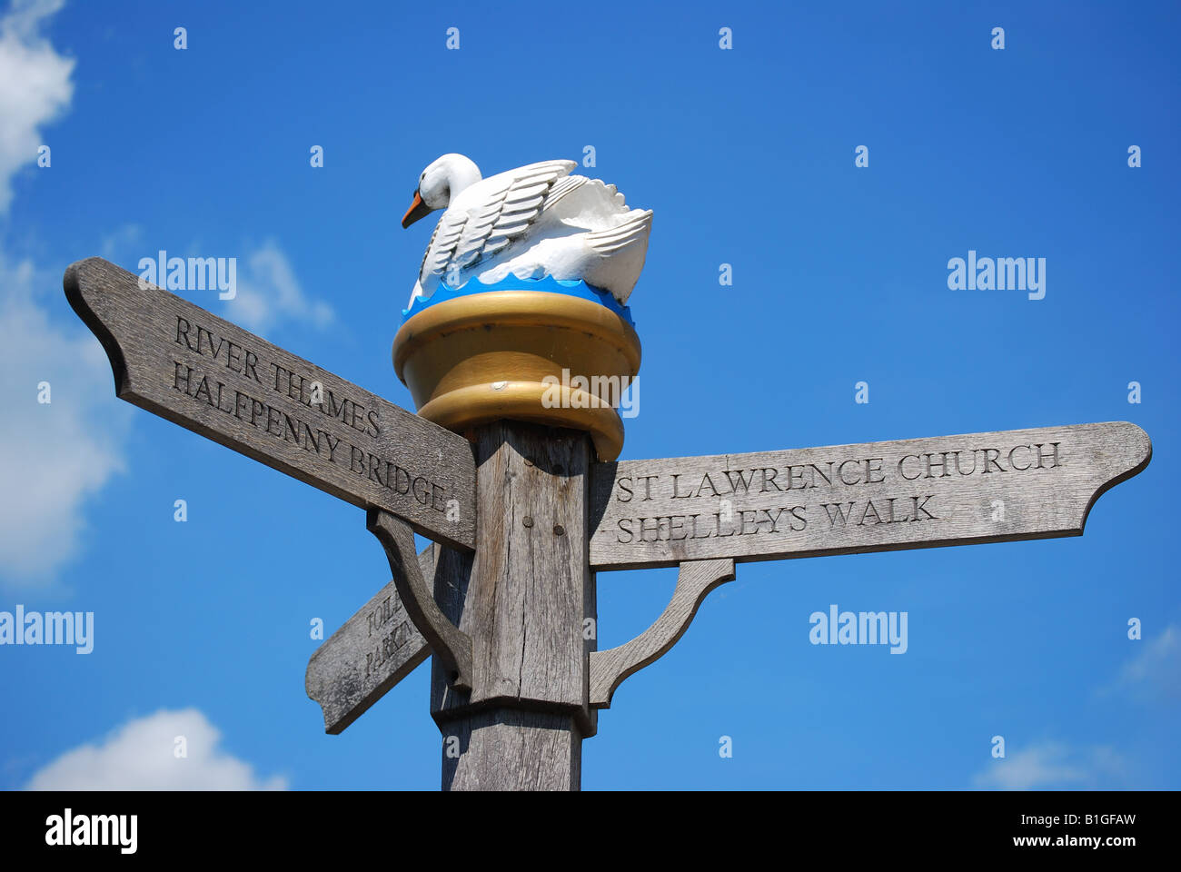 Antique wooden directions sign, High Street, Lechlade on Thames ...