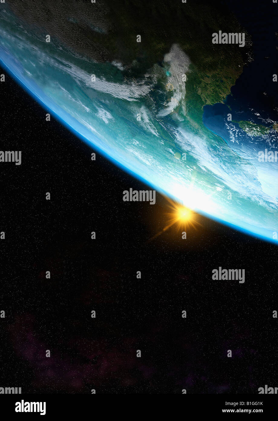 Sun rising above the Earth in space Stock Photo - Alamy