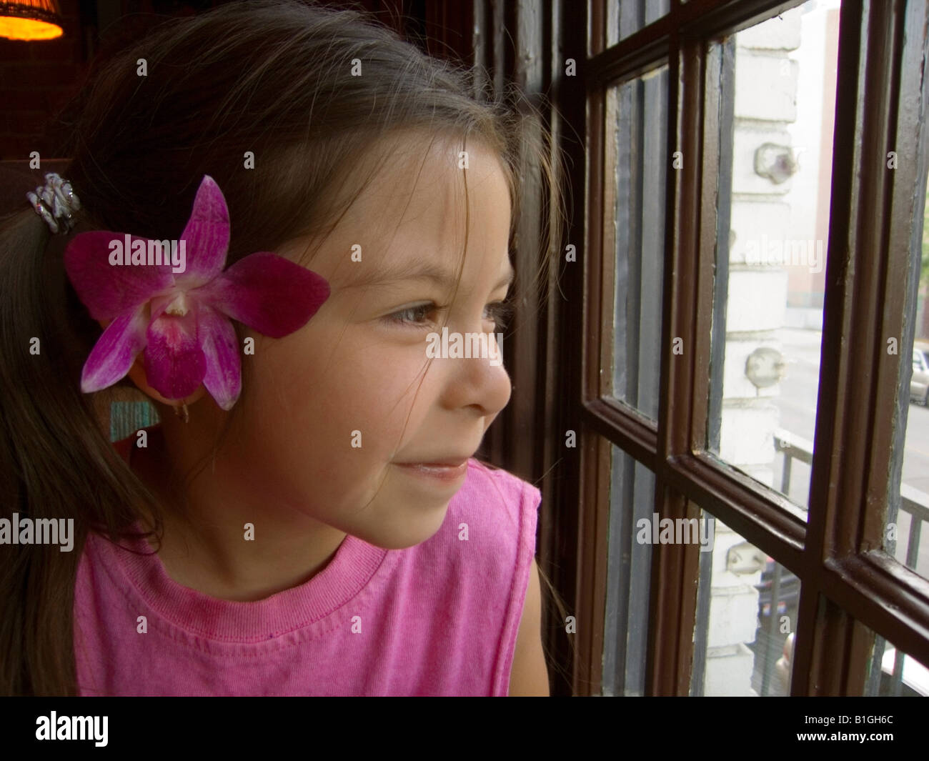 Close up of young girl with flower behind ear gazing out a window Boise ...